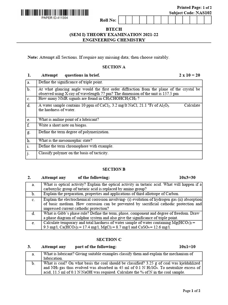 Btech 1 Sem Engineering Chemistry Nas102 2022 | PDF | Magnesium | Chemical Substances