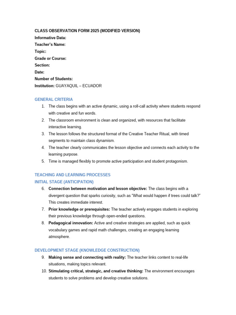 Ficha Observacion Modificada Ritual INGLÉS | PDF | Learning | Educational Assessment