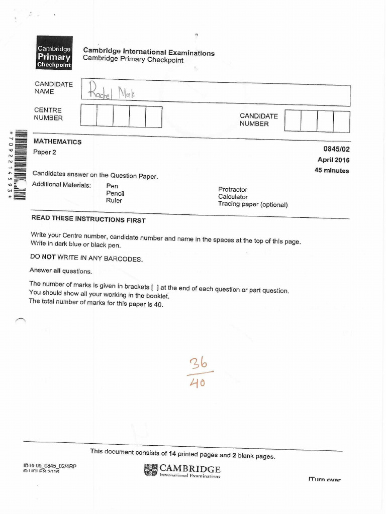 P6 Maths - Cambridge Paper 2 2016 April | PDF