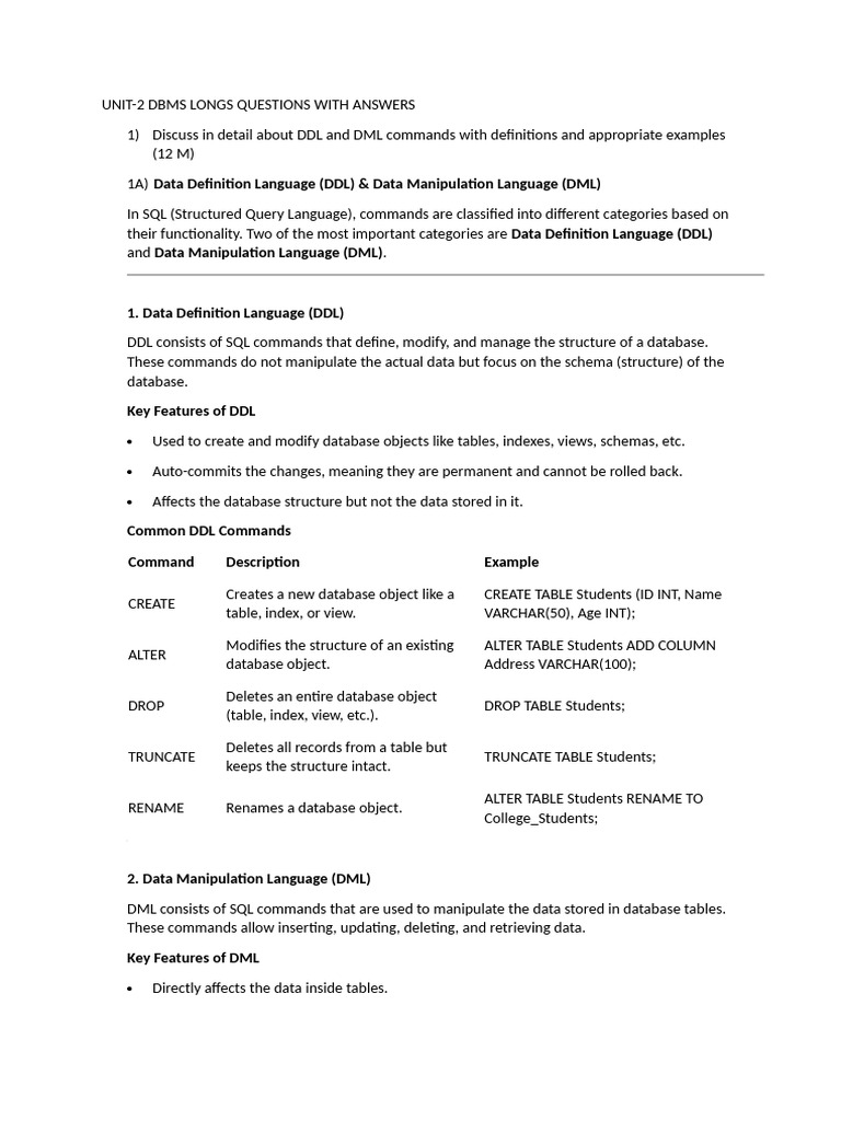Dbms Mid-1 Unit-2 Longs Questions With Answers | PDF | Relational Model | Relational Database
