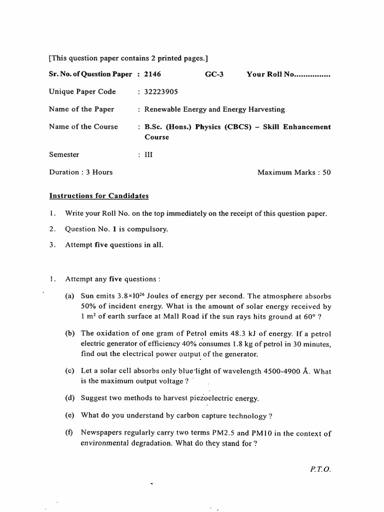 B.sc. (Hons.) III Physics (CBCS) - Skill Enhancement Course Renewable Energy and Energy ...