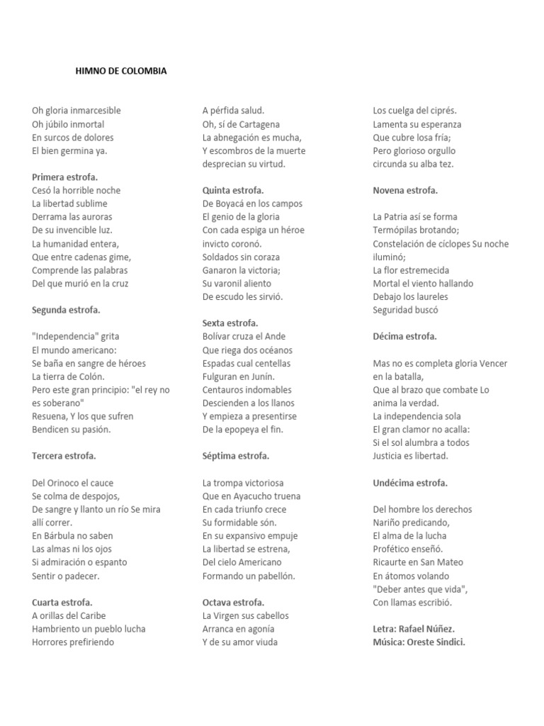 Letra Del Himno Nacional De Colombia Pdf