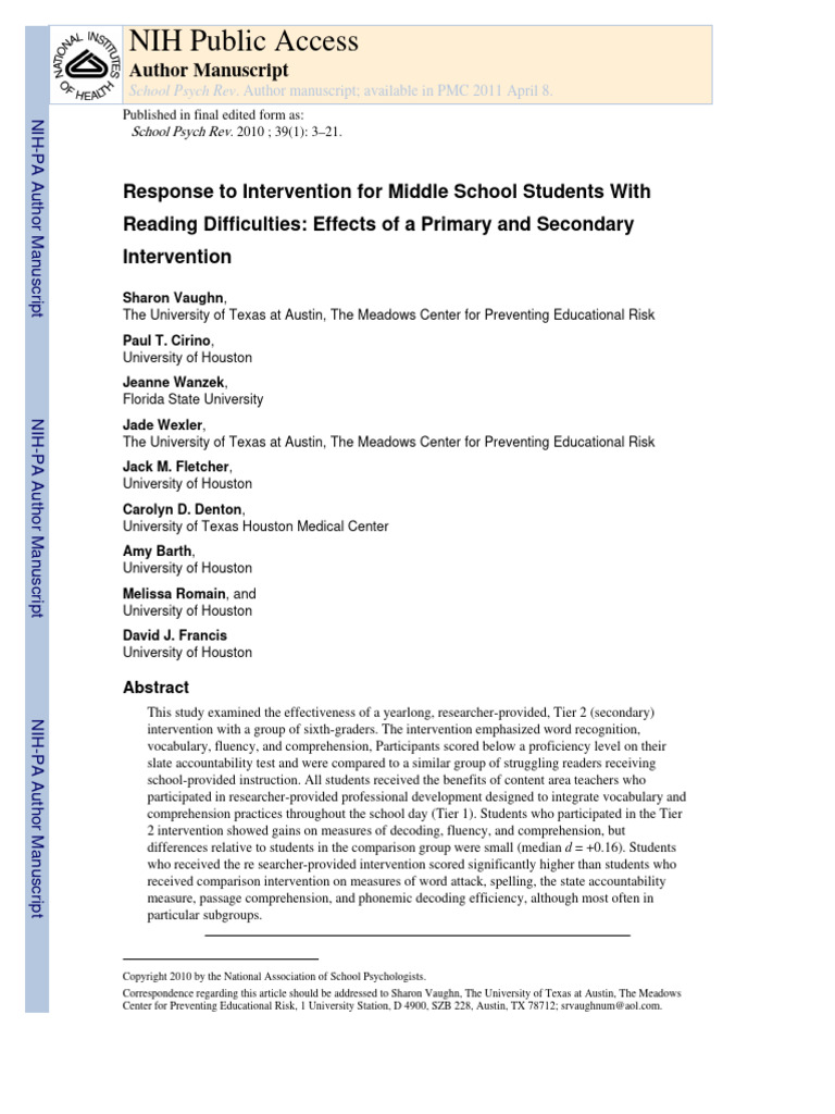 Middle School Reading Intervention Study | PDF | Reading Comprehension ...