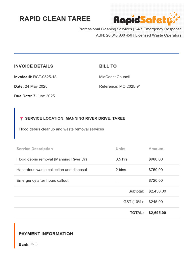 Flood Cleanup Invoice for MidCoast Council | PDF