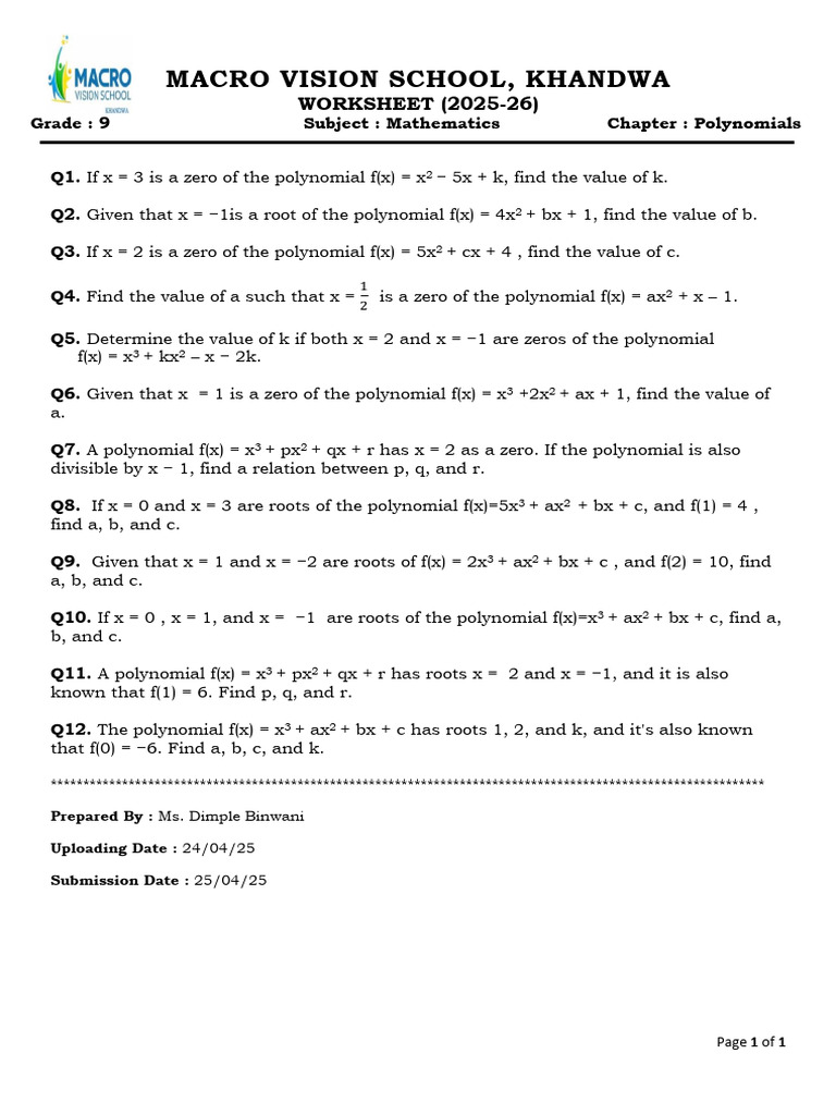 Worksheet - 15 Polynomials | PDF