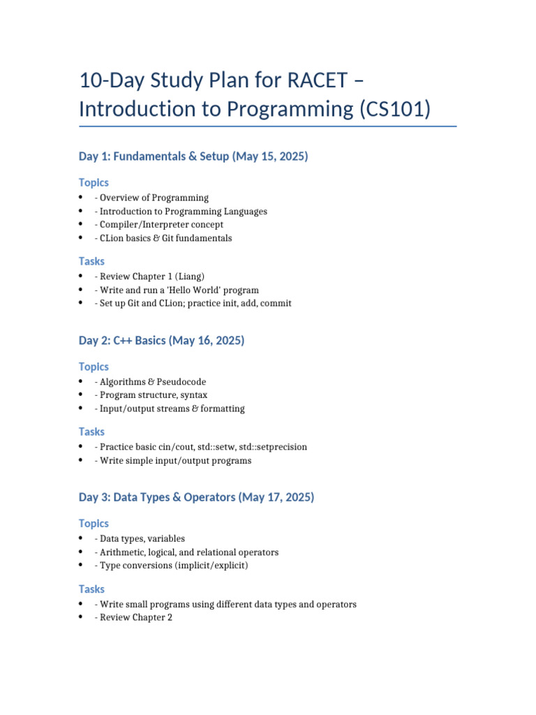 RACET 10 Day Study Plan CS101 | PDF | Pointer (Computer Programming) | Computer Programming