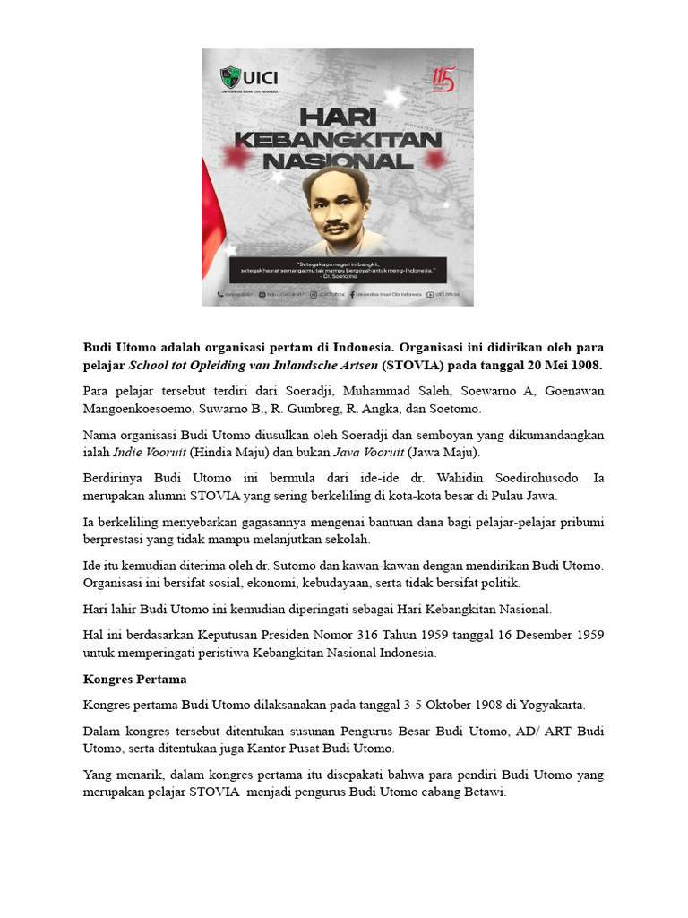 Budi Utomo Adalah Organisasi Pertam Di Indonesia | PDF