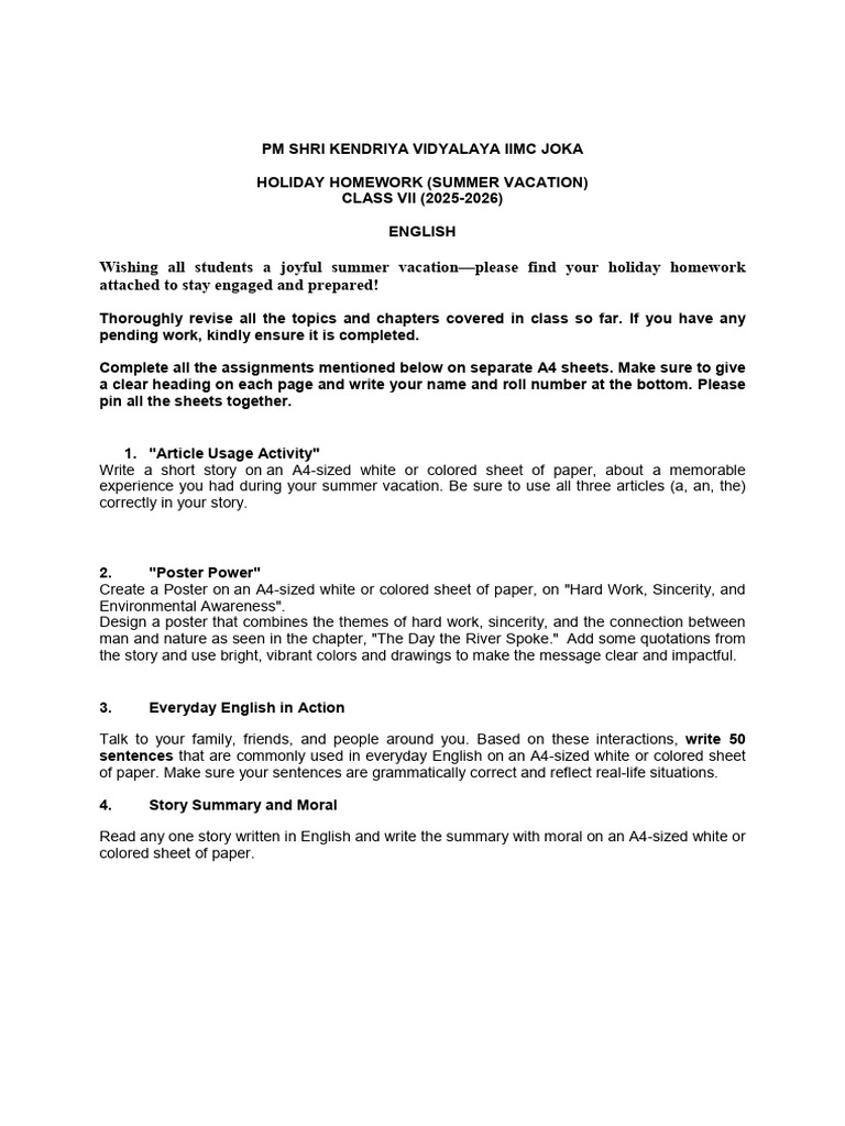 English Class Vii Summer Holiday Homework | PDF