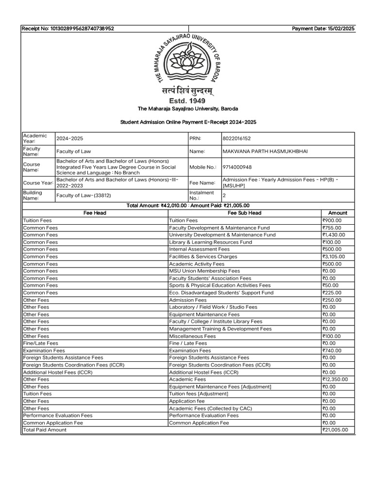 3rd Year 2nd Installment Fees Parth | PDF | Fee | Educational Stages