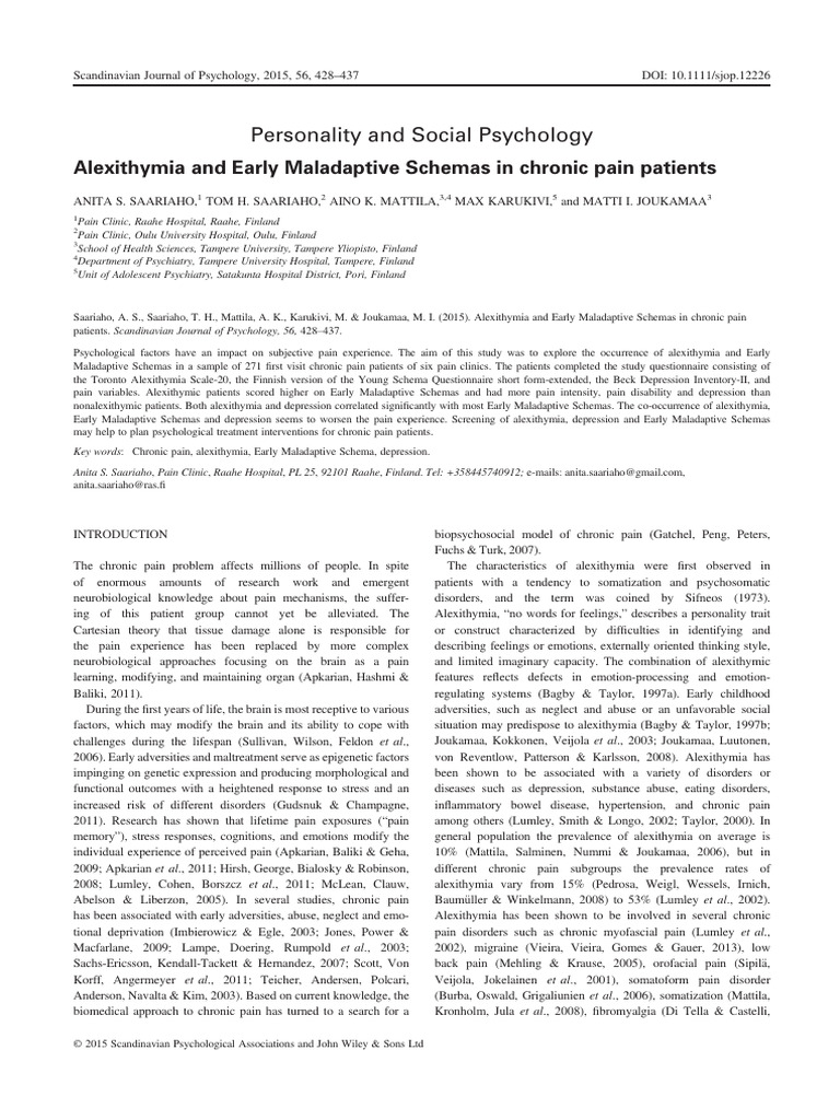 Alexithymia and Early Maladaptive Schemas in Chronic Pain Patients ...