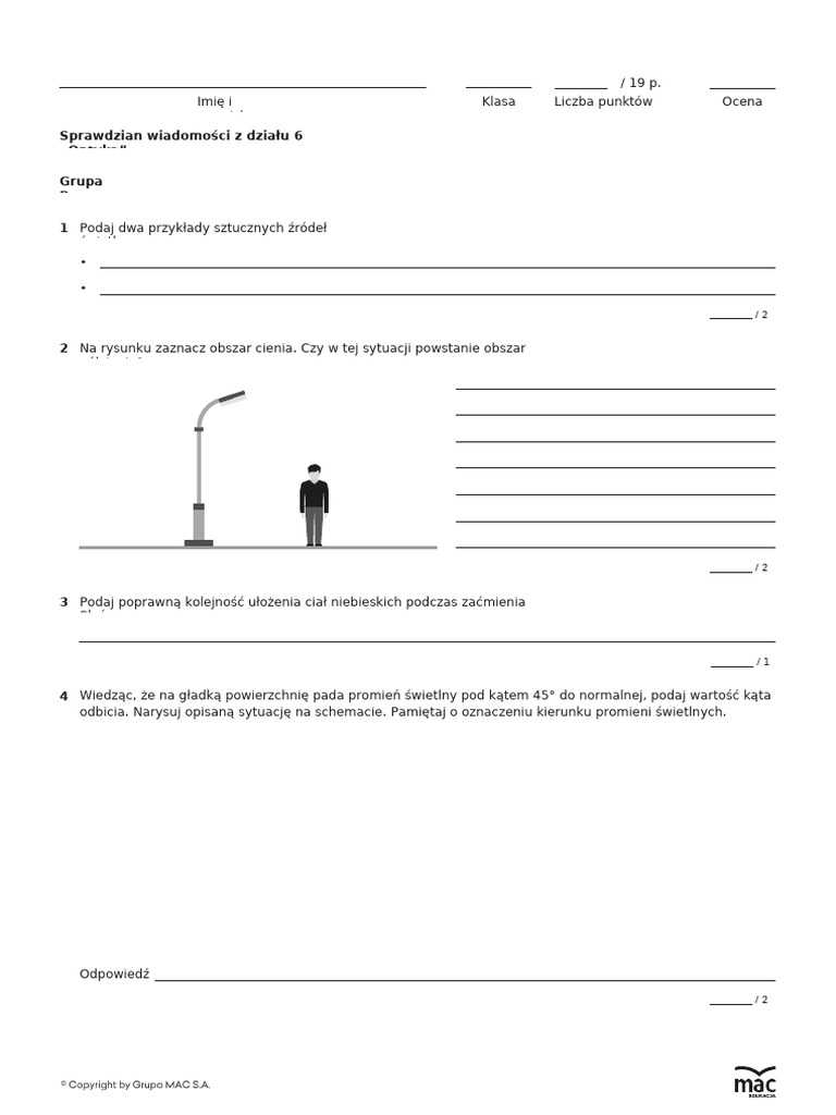 Sprawdzian Sprawdzian Wiadomosci Z Dzialu 6 Optyka Grupa B 1 | PDF