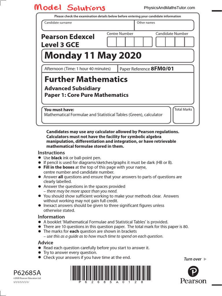 downloadMathsA LevelPapersEdexcel FurtherCore Pure ASMAJune20202020MA ...