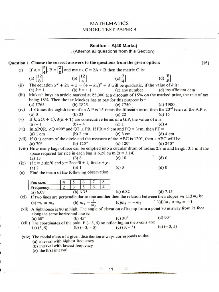 Mathematics (Model Test Paper 4) | PDF