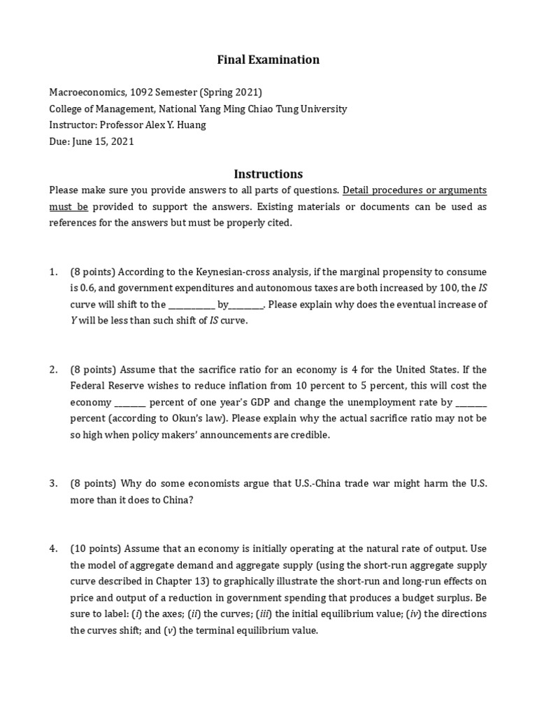 Macroeconomics Final Exam Questions | PDF | Fiscal Policy | Monetary Policy