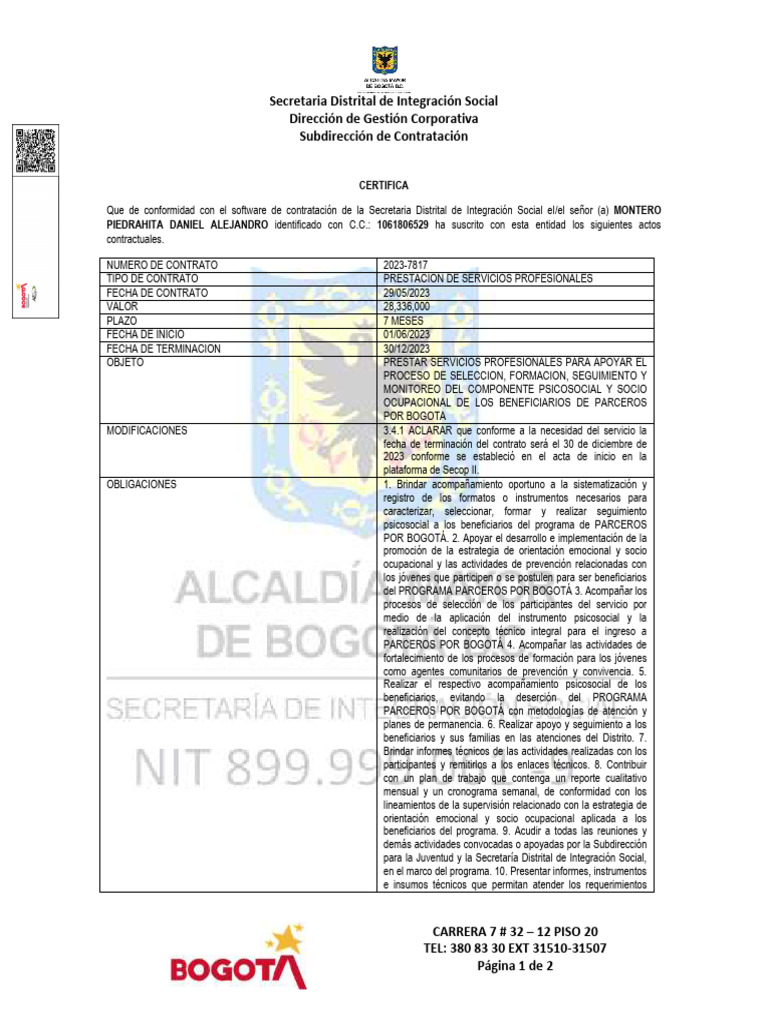 Certificación de Contratación de Daniel Montero | PDF | Bogotá | Sicología