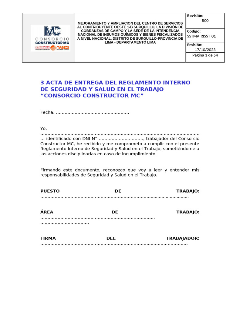 Acta de Entrega Del Reglamento Interno de Seguridad y Salud en El Trabajo MC | PDF