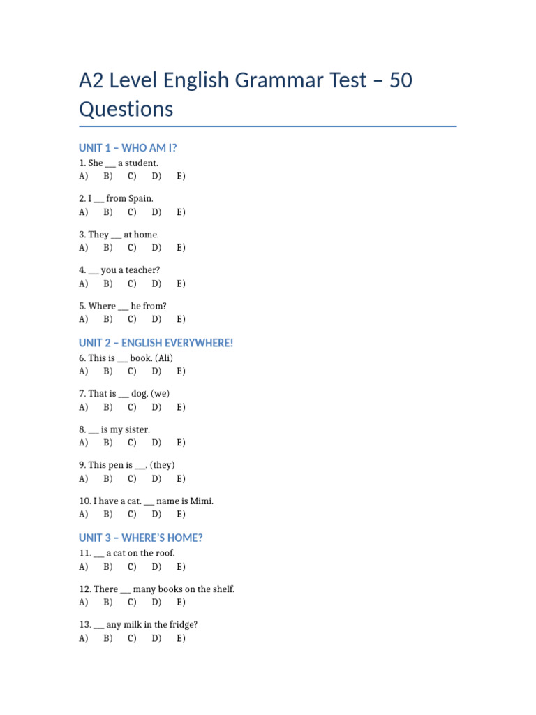 A2 English Grammar Test: 50 Questions | PDF