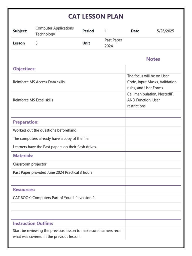 Lesson Plan CAT GR 12 | PDF