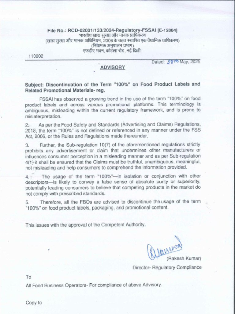 FSSAI 100% Label Discontinuation | PDF