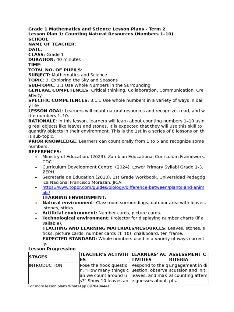 Grade 1 Mathematics and Science Lesson Plans Term 2 | PDF | Lesson Plan ...