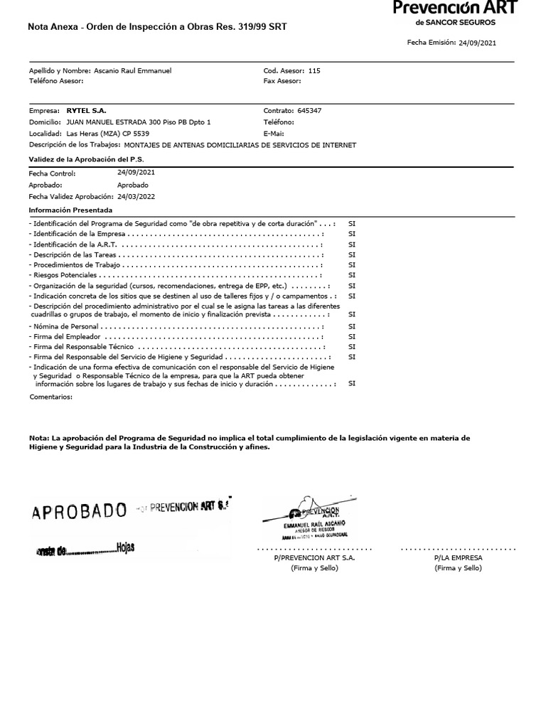 Programa de Seguridad de Corta Duracion - Rytel Sa | PDF | Seguridad y ...