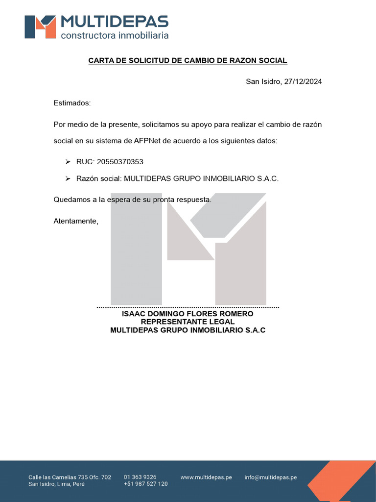 Carta de Solicitud de Cambio de Razon Social Afpnet | PDF