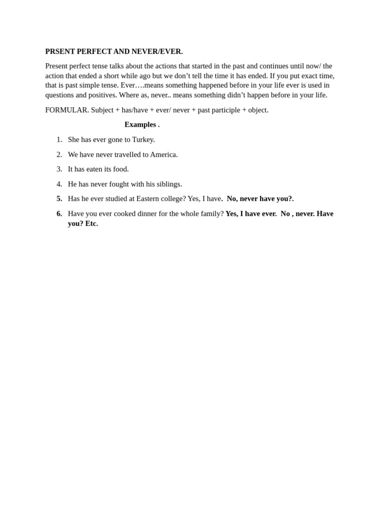 Prsent Perfect and Never Sem2 | PDF