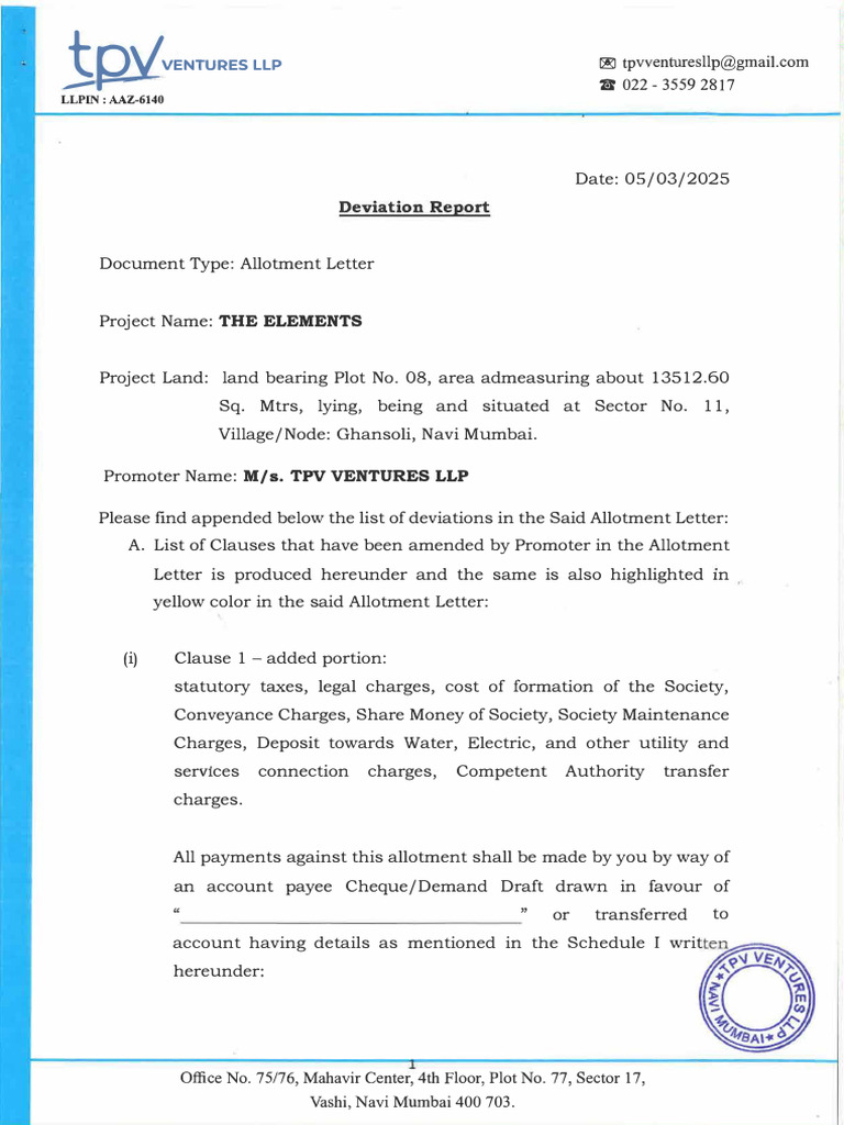 27 - 1 Deviation Report With Respect To Allotment Letter | PDF | Cheque | Payments