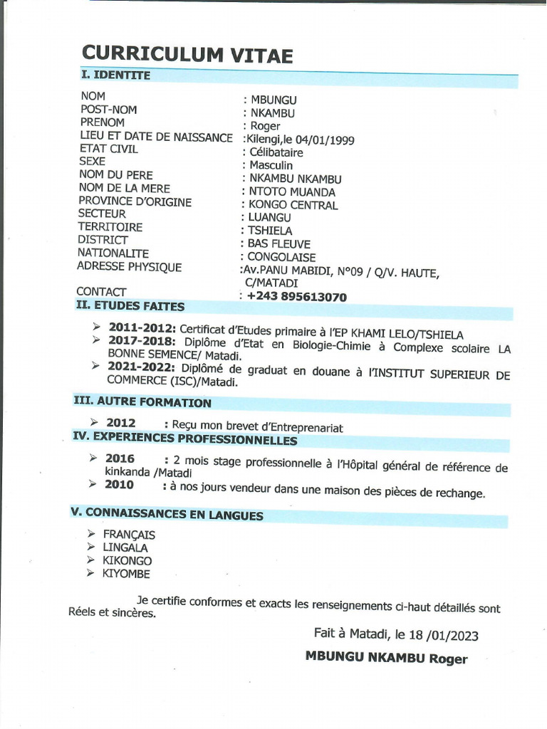 CV Et Lettre Mbungu Nkambu Roger | PDF