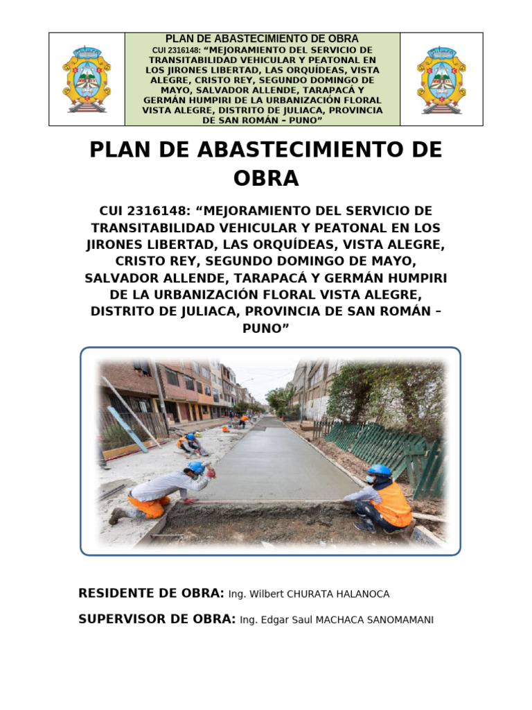 Plan de Abastecimiento de Obra MDCH | PDF | Presupuesto | Logística