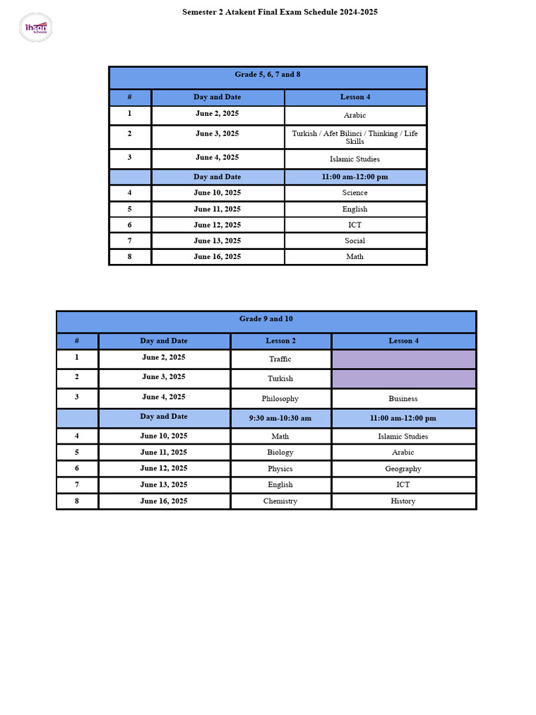 Final Atakent Semester 2 Exams Schedule | PDF | Science | Advanced ...