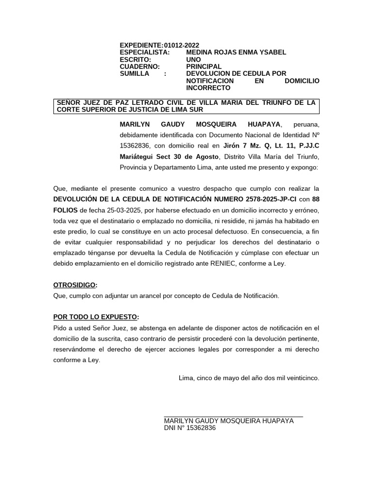 Escrito Por Devolucion de Cedula de Notificacion | PDF