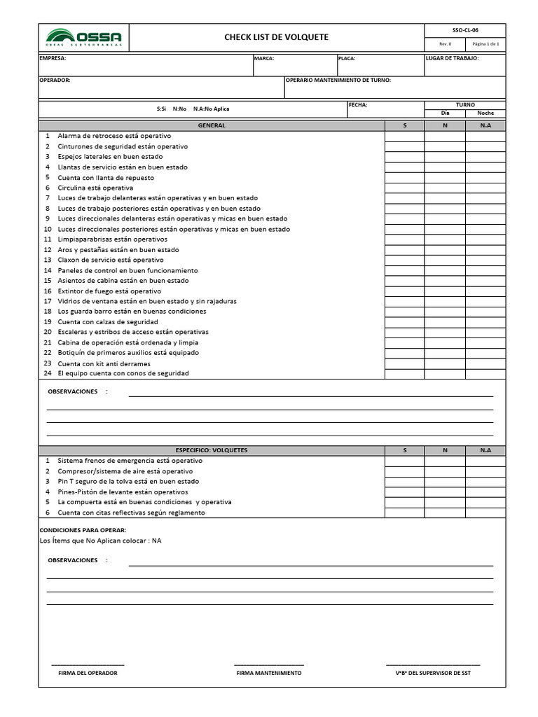 SSO-CL-06 Check List de Volquete Rev.0 | PDF | Vehículo de motor ...