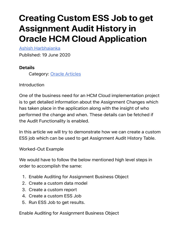 Creating Custom ESS Job To Get Assignment Audit History in Oracle HCM ...