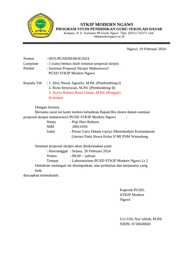 Undangan Seminar Proposal Puji | PDF
