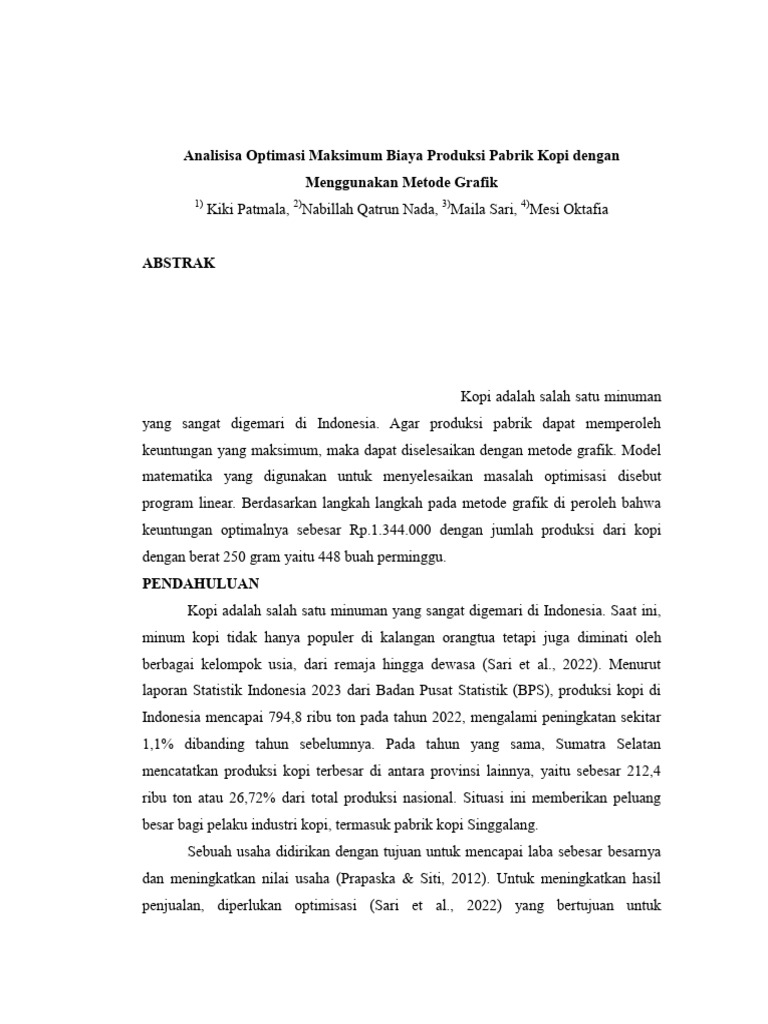Analisis Optimasi Maksimum Biaya Produksi Pabrik Kopi Dengan Menggunakan Metode Grafik | PDF