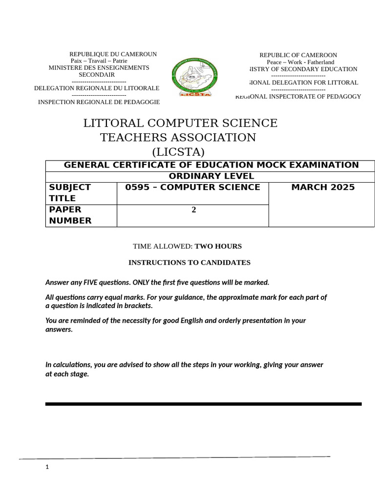 Mock Licsta O'level 2025 p2 | PDF | Input/Output | Computing