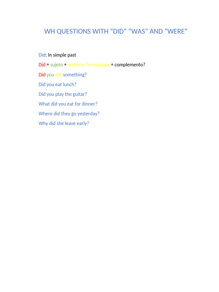 WH Questions: Did, Was, and Were | PDF