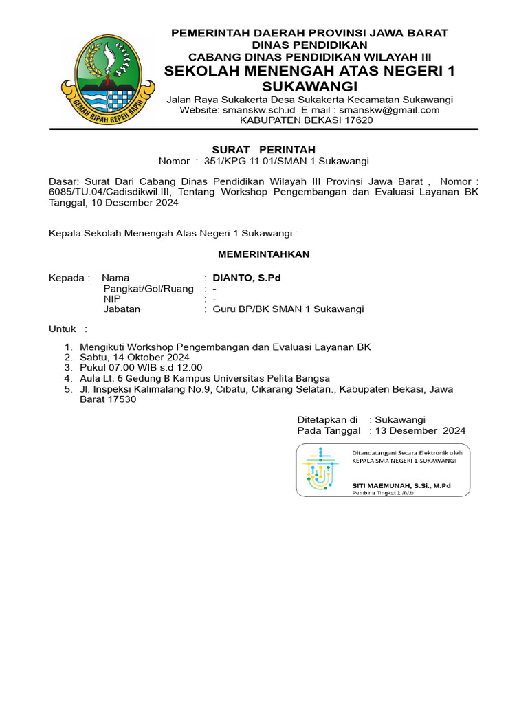 SPPD Workshop Pengembangan Dan Evaluasi Layanan BK Pa Dianto | PDF