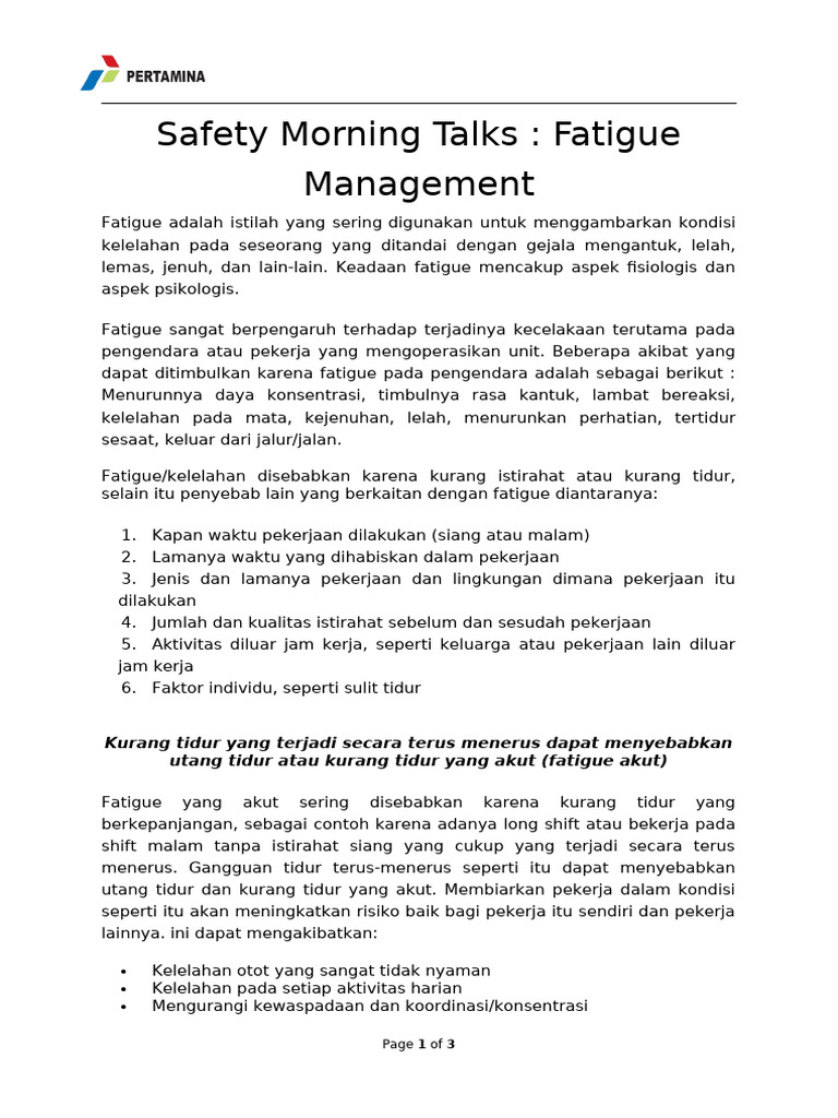 Safety Morning Talks - Fatigue Management | PDF