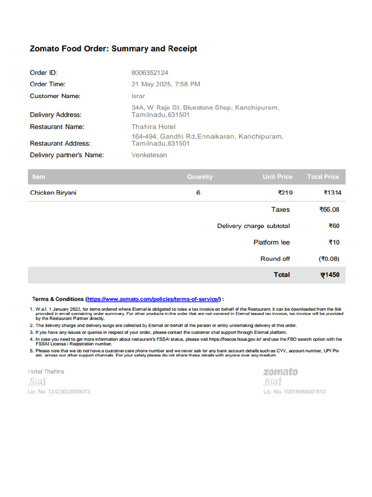 Zomato Bill Kancheepuram | PDF