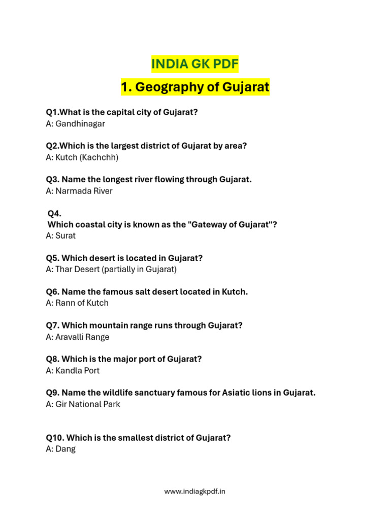Gujarat General Knowledge Quiz PDF | PDF | Gujarat