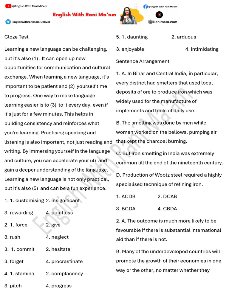 PDF 18 Cloze Test PQRS Passage Fixed Preposition 28ImTgA | PDF