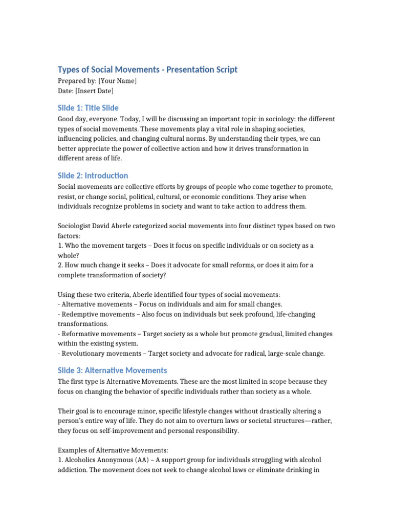 Types of Social Movements Script | PDF | Social Movements | Society