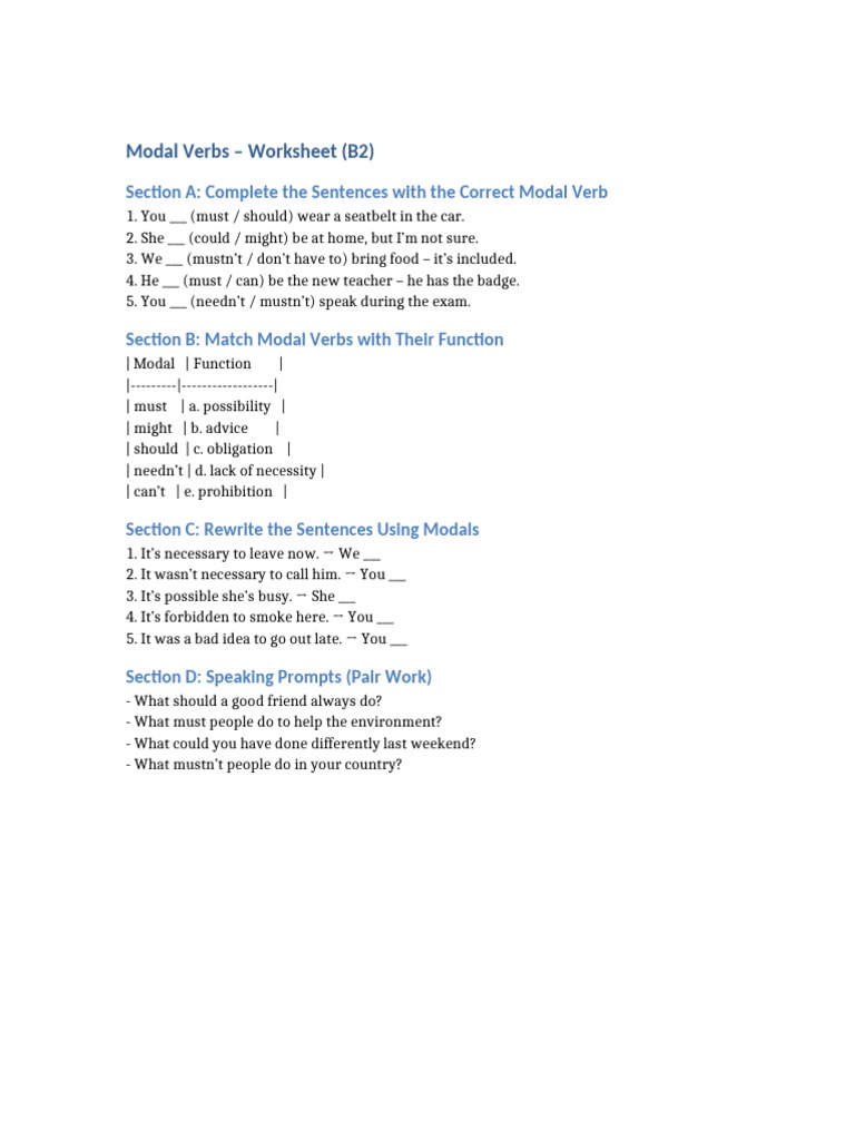 B2 Modal Verbs Worksheet | PDF