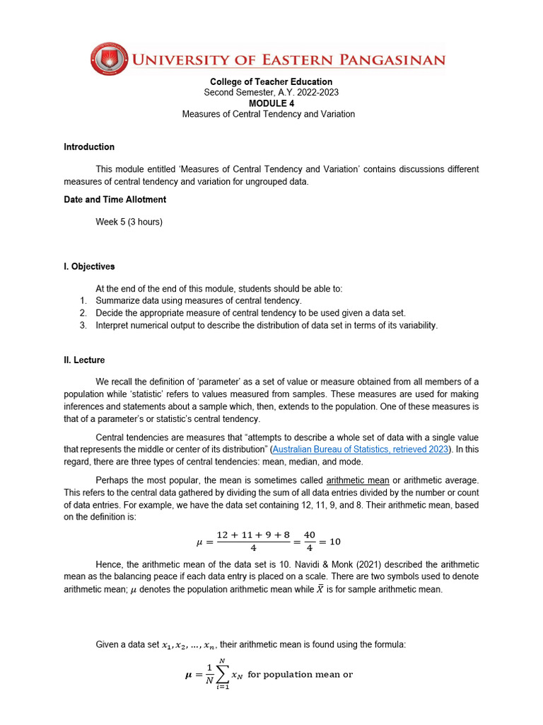 Central Tendency and Variation Explained | PDF | Skewness | Mean