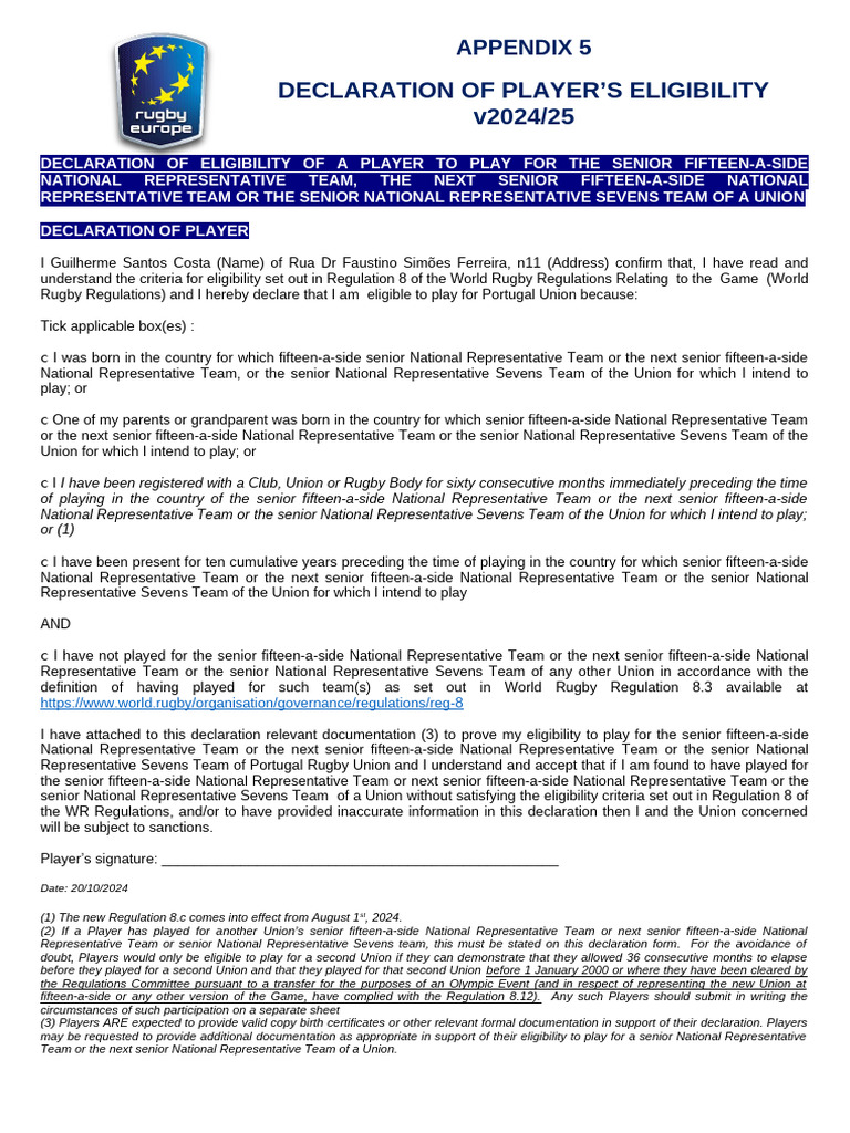 RE App5 Player Eligibility Declaration-2 | PDF | Justice | Crime & Violence