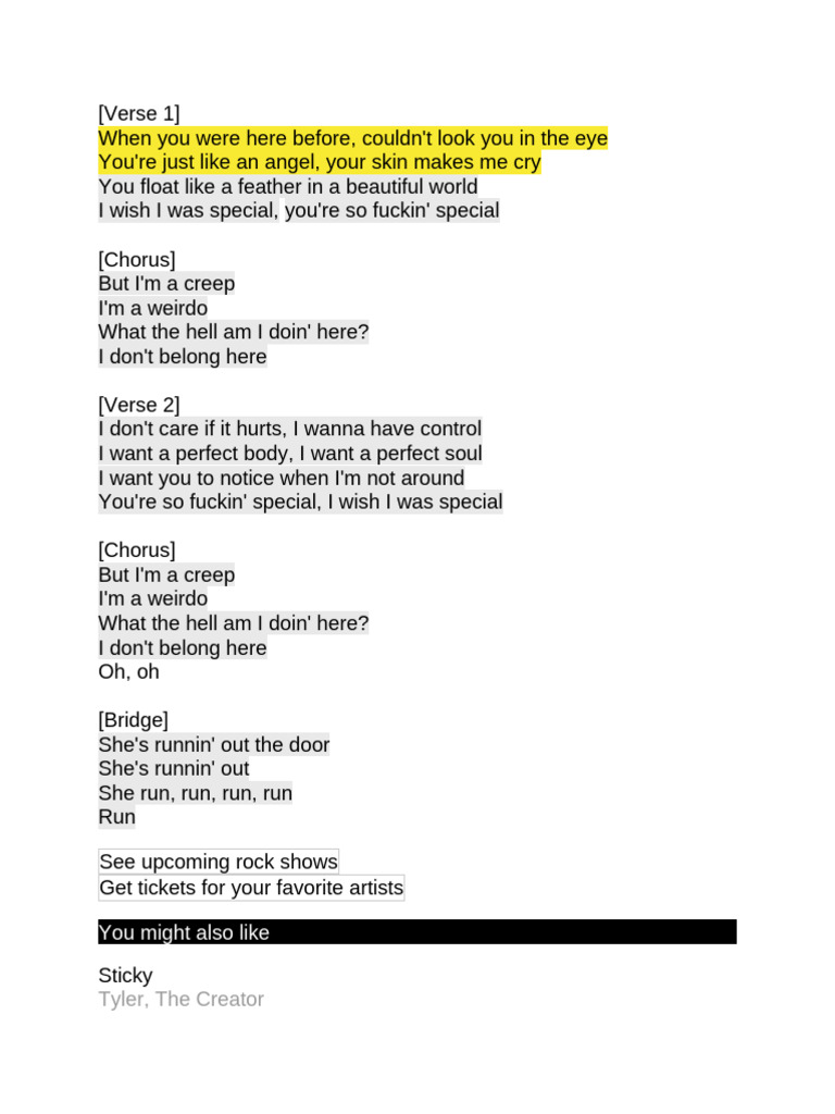 Radiohead's "Creep" Lyrics | PDF