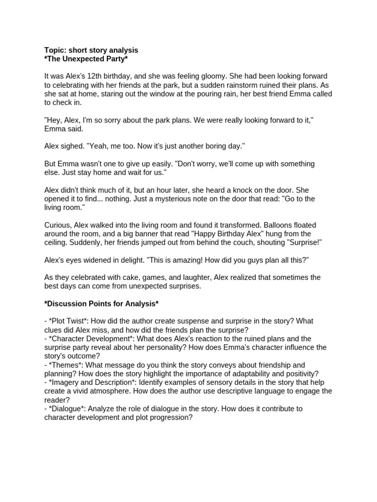Topic: Short Story Analysis The Unexpected Party | PDF