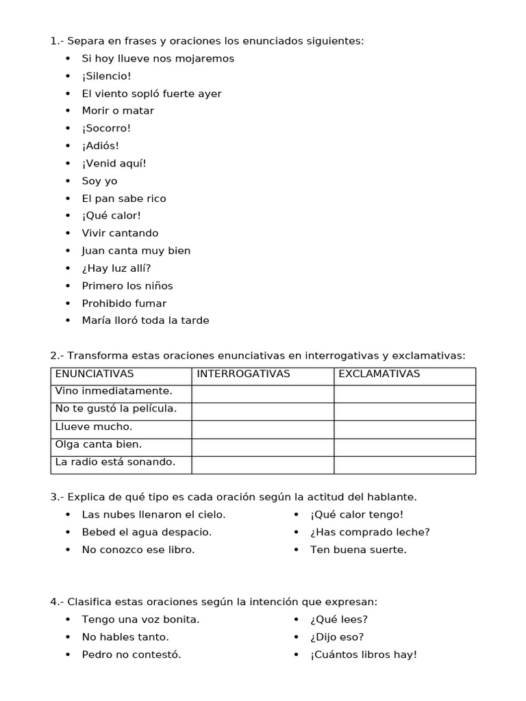 Ejercicios sobre Tipos de Oraciones | PDF